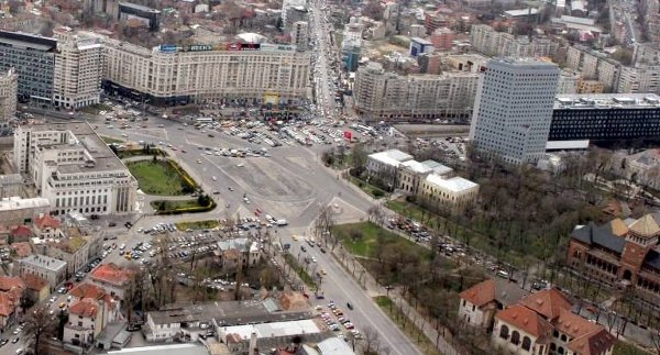 Aerial view of the "Victory Plaza" traffic hub in Bucharest, Romania